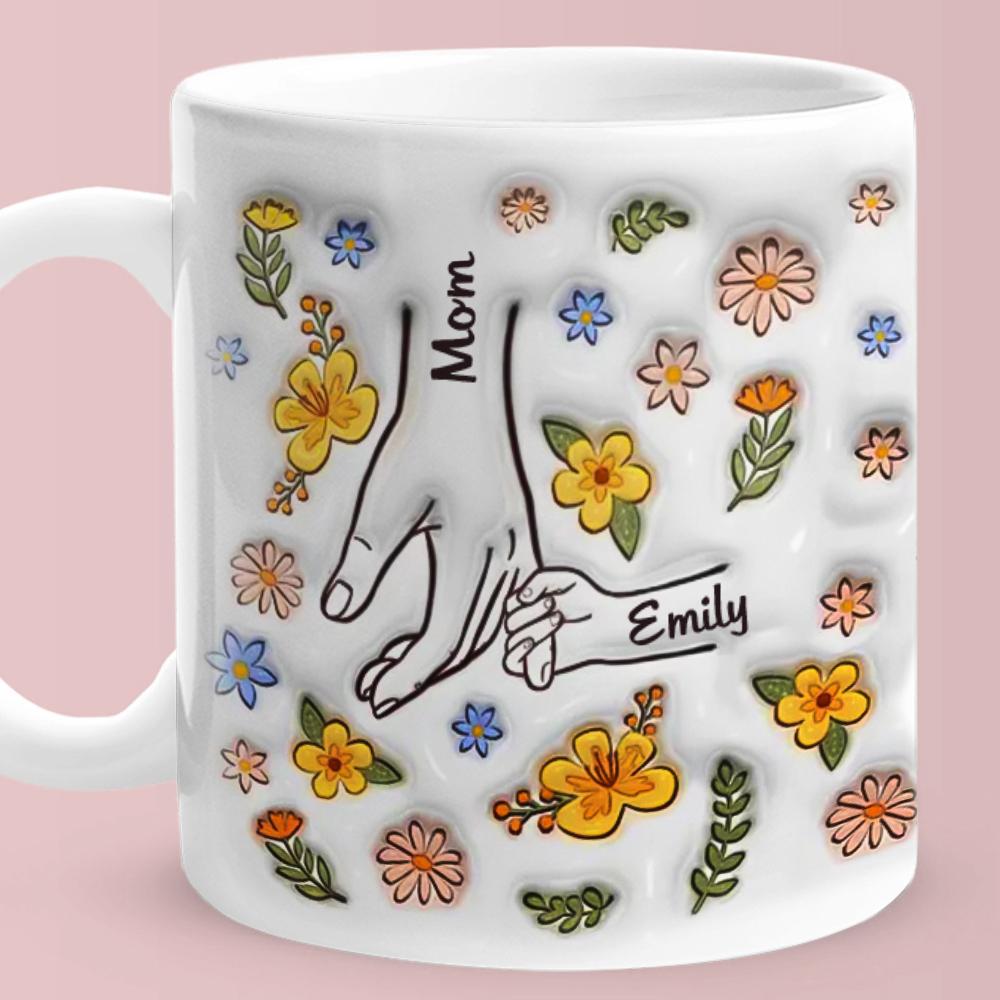 Personalized Names Engraved Hand in Hand Mug with Floral Mother's Day ...